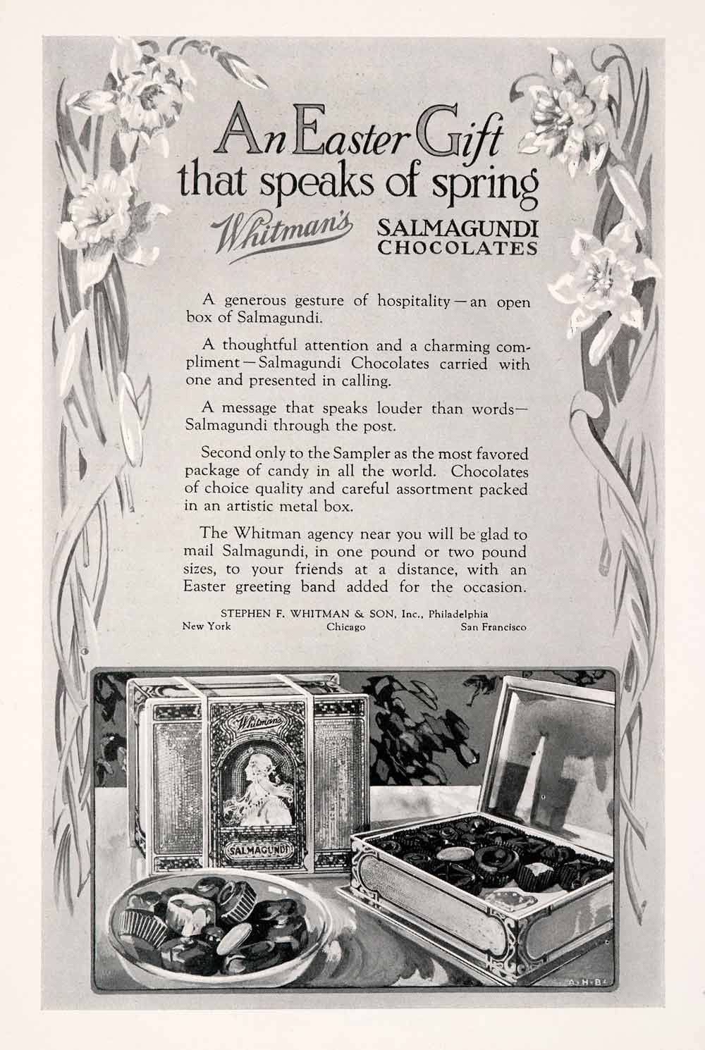 1927 Ad Whitman's Salmagundi Chocolates Candy Stephen Dessert Flowers ...