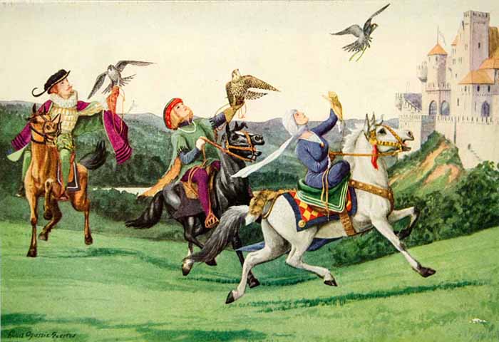 1920 Color Print Medieval Hawking Party Birds Hunting Sport Louis Fuer ...
