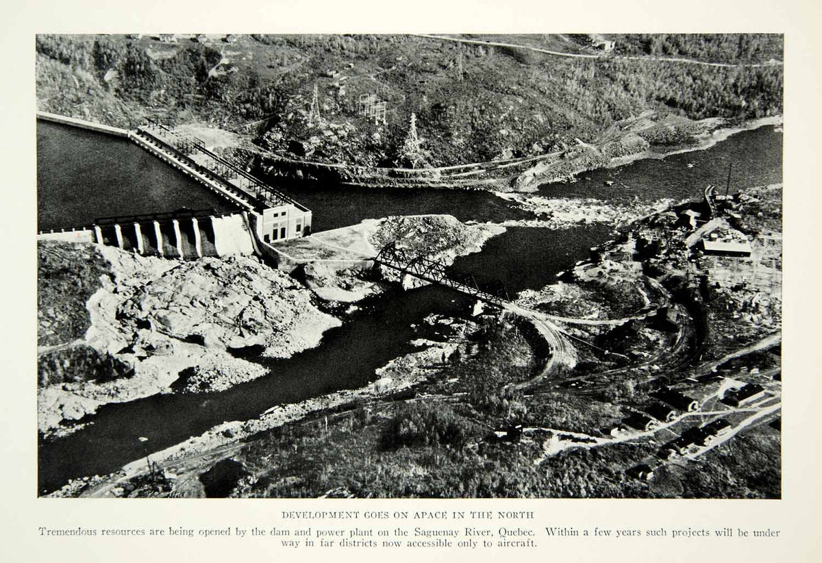 1929 Print Saguenay River Quebec Dam Power Plant Bridge Aerial View Im ...