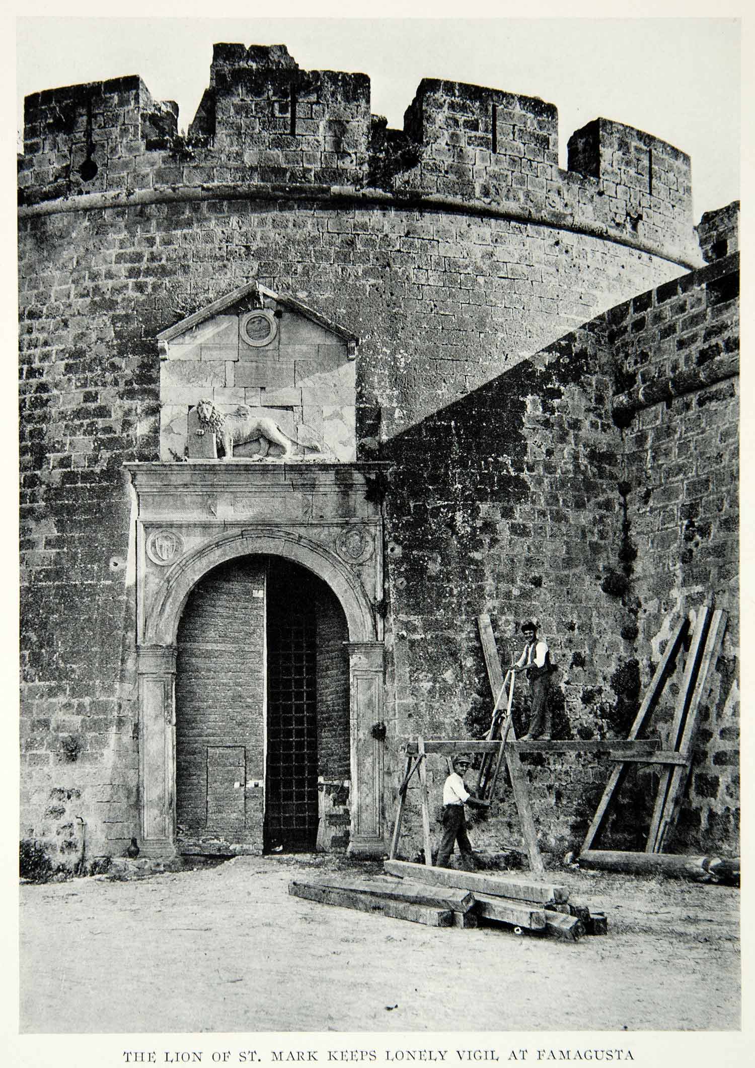 1928 Print St. Mark Lion Statue Sea Gate Tower Famagusta Cyprus Harbor ...