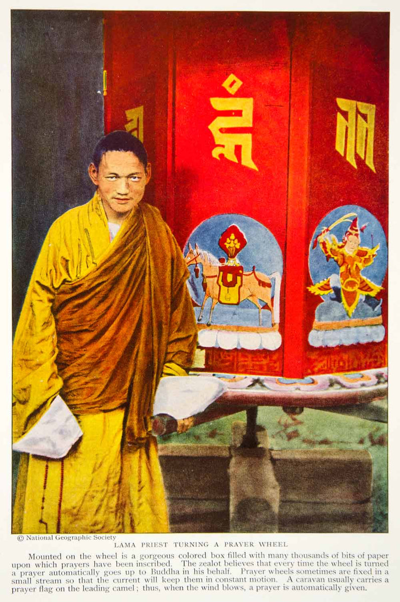 1933 Color Print Lama Priest Prayer Wheel Buddhism Buddha Robes Religi ...