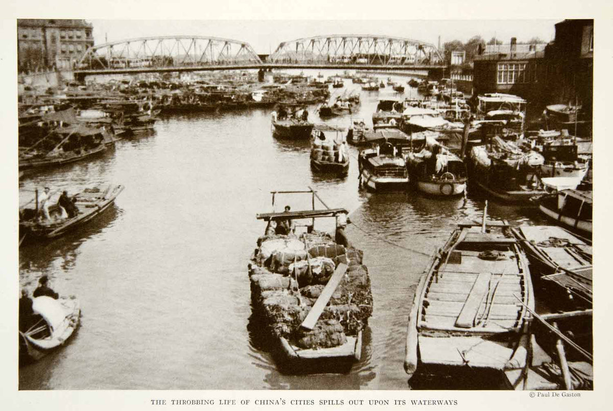 1934 Print Suzhou River Shanghai China Garden Bridge Boats Trade Histo ...