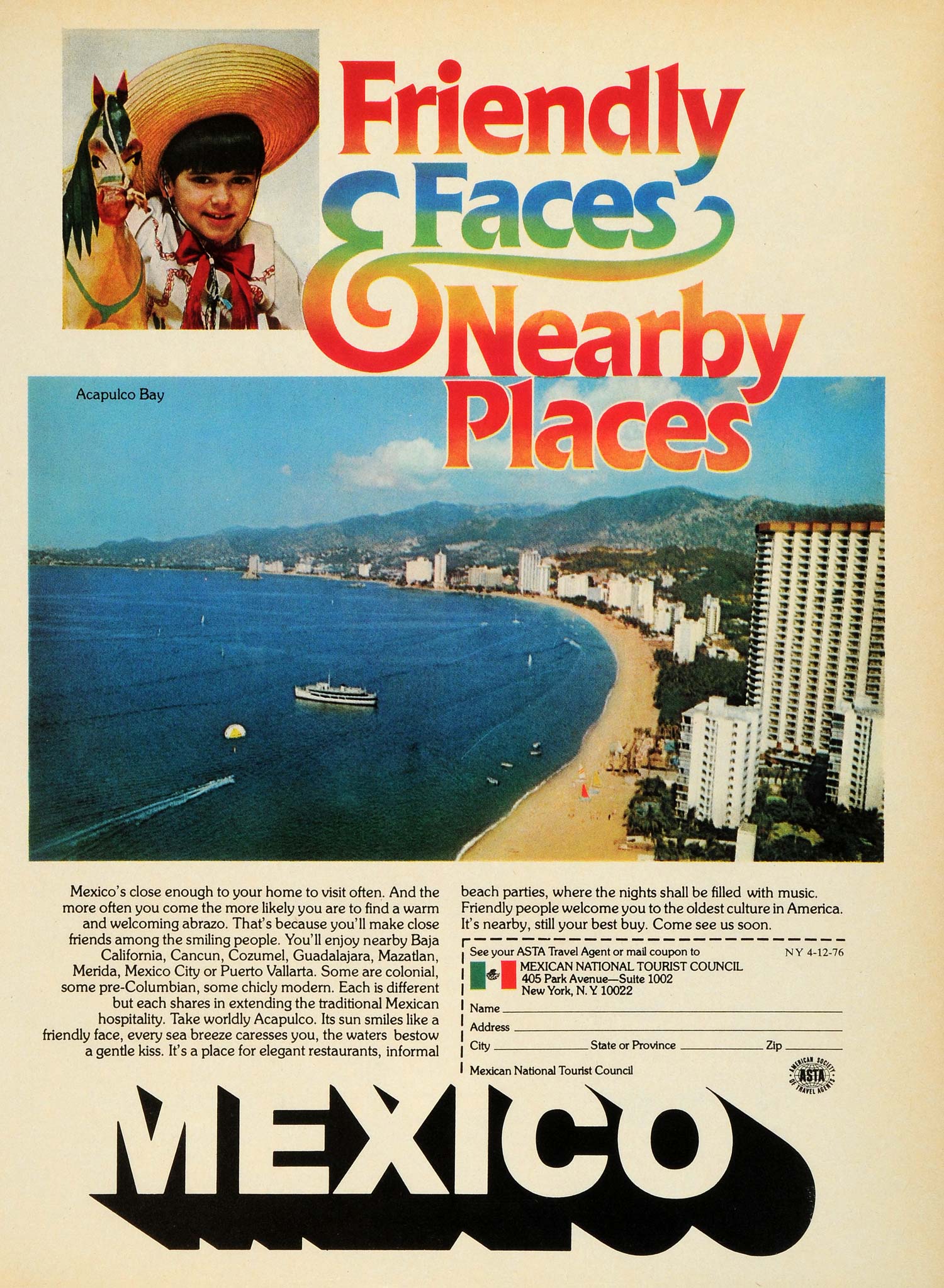 1976 Ad Mexican National Tourist Council Acapulco Bay Beach Buildings ...