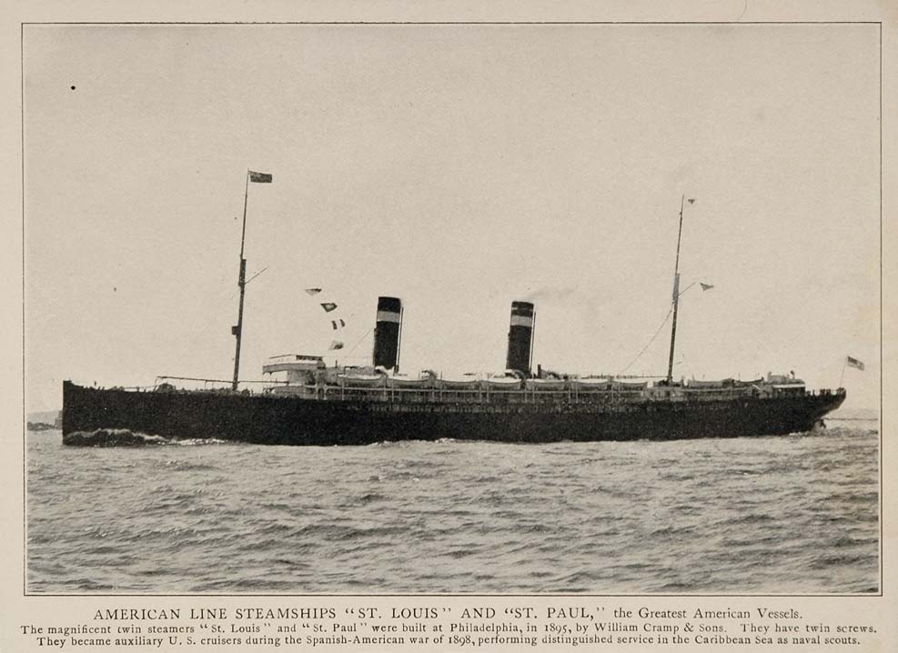 1903 SS St. Louis Paul Steamer American Line Ship Print ORIGINAL HISTO ...