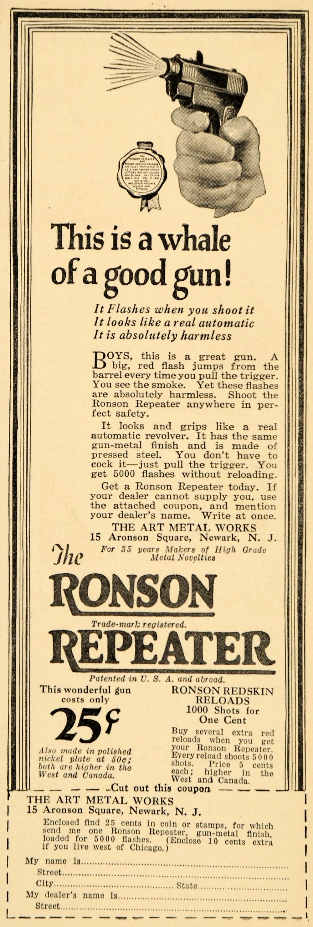 1922 Ad Ronson Repeater Toy Gun Flash Revolver Newark - ORIGINAL ADVER ...