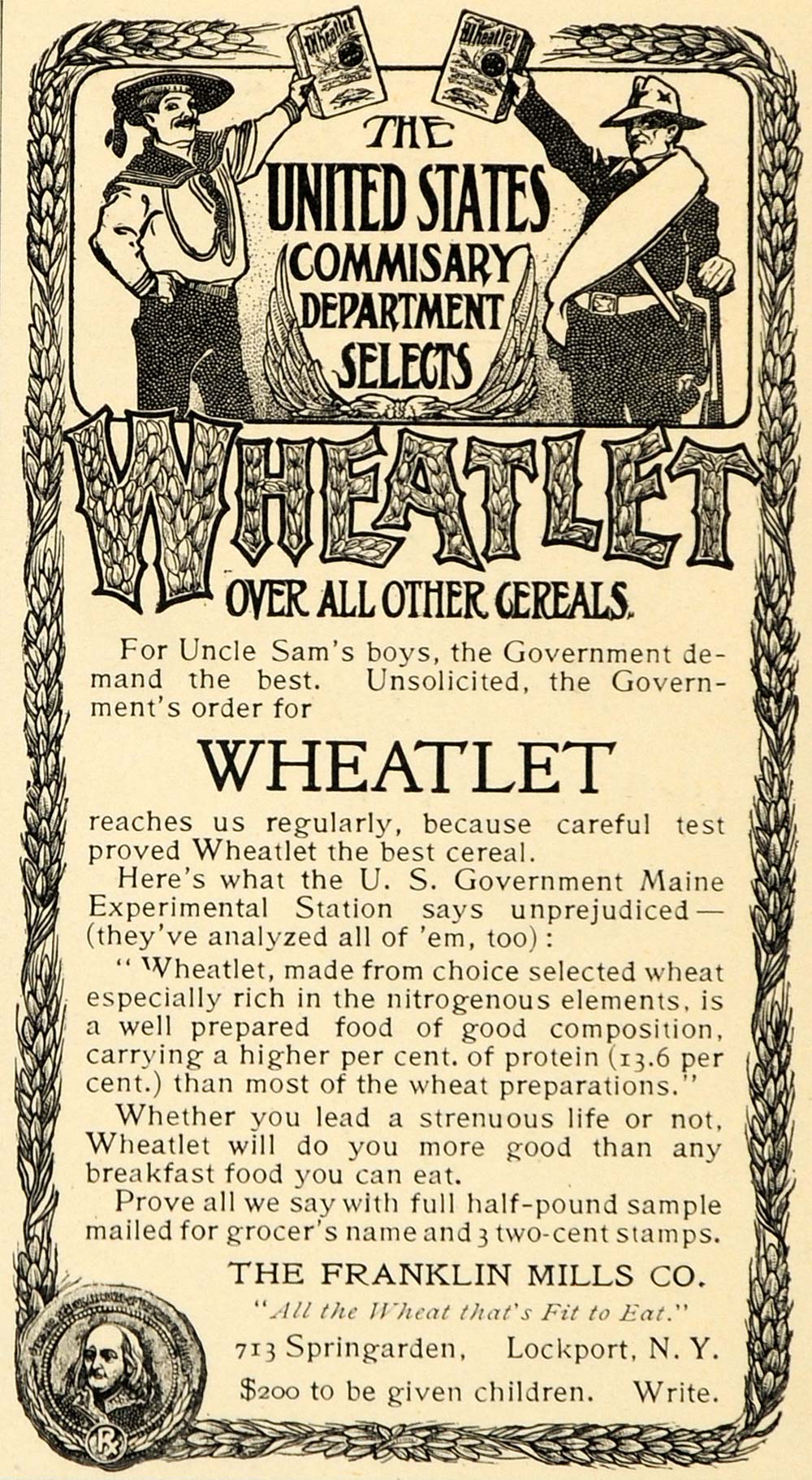 1903 Ad Wheatlet Cereal Food Franklin Mills Lockport - ORIGINAL ADVERT ...