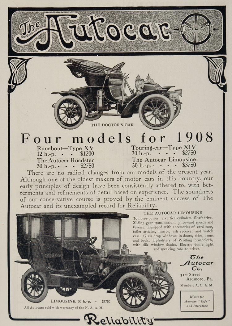 1907 Ad Autocar Limousine Doctor's Car 1908 Model Price - ORIGINAL OLD ...