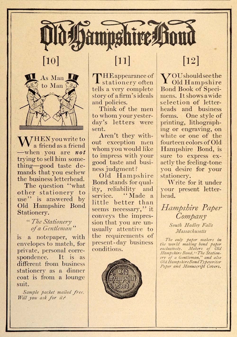 1911 Ad Old Hampshire Bond Paper South Hadley Falls MA - ORIGINAL OLD8 ...