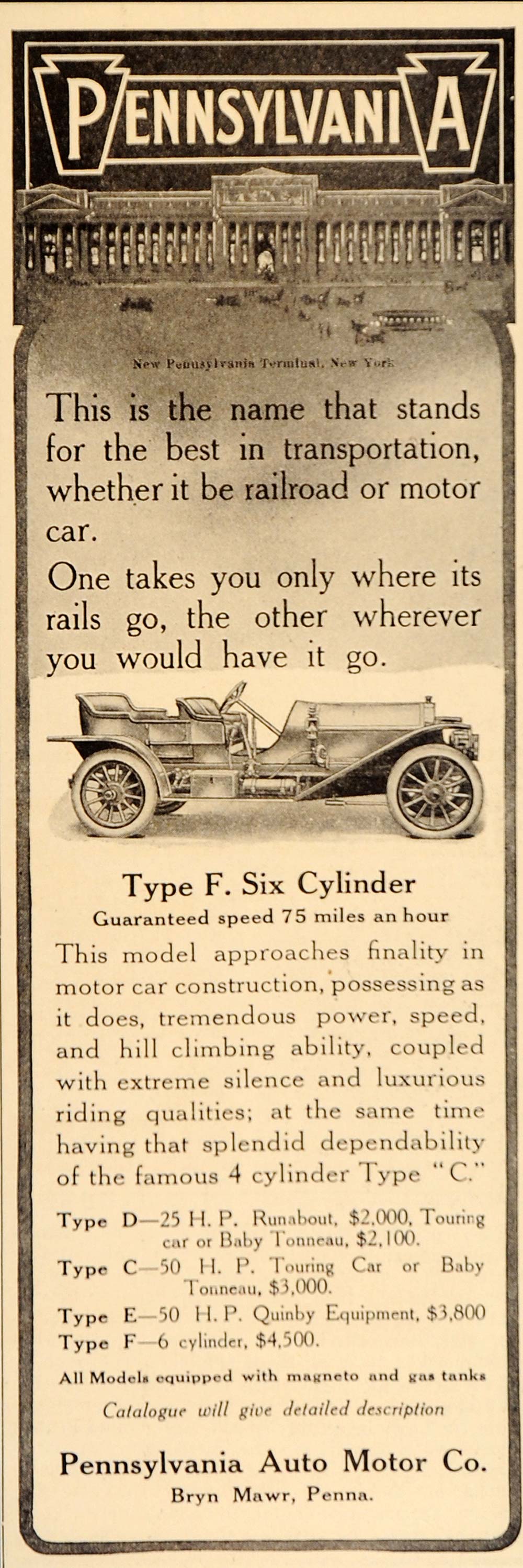1909 Ad Pennsylvania Type F Six Cylinder Antique Car - ORIGINAL ADVERT ...