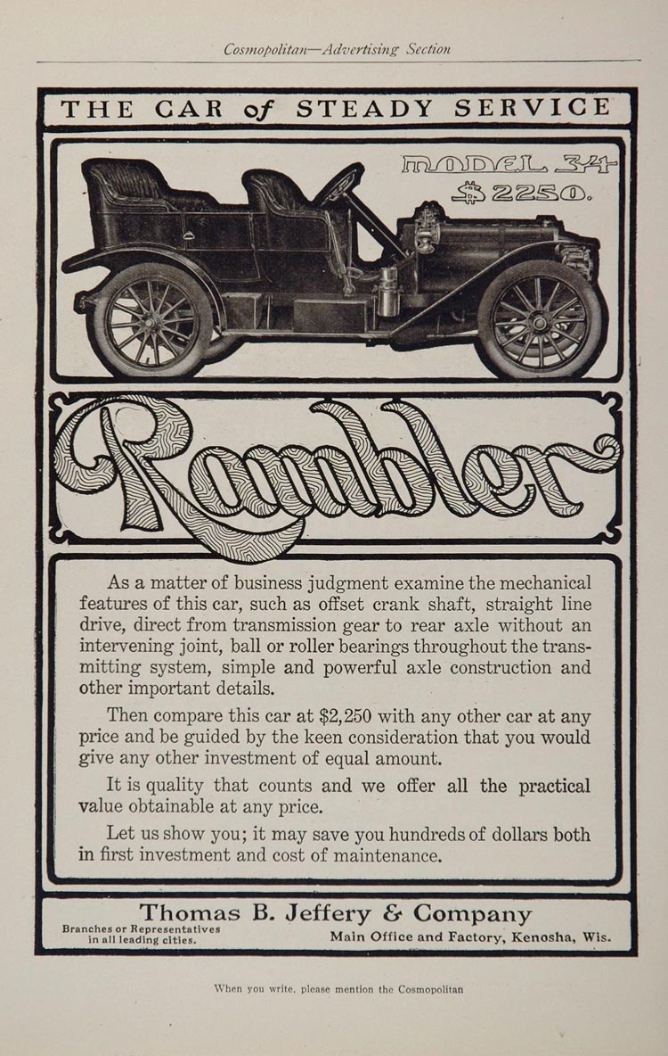 1908 Ad Vintage Rambler Model 34 Car Antique Kenosha WI - ORIGINAL OLD ...