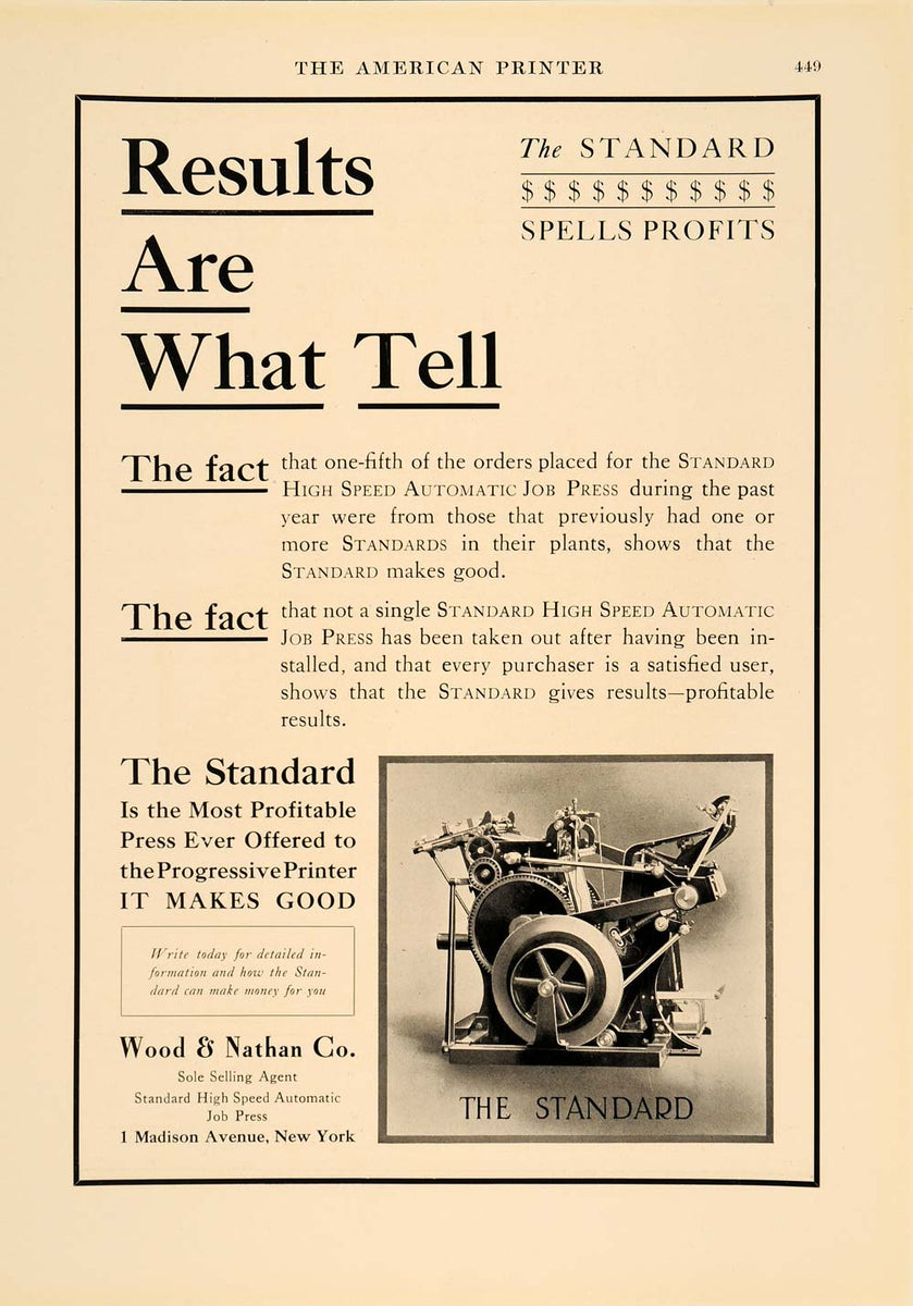 1913 Ad Standard Job Printing Press Wood & Nathan NYC - ORIGINAL ADVER ...