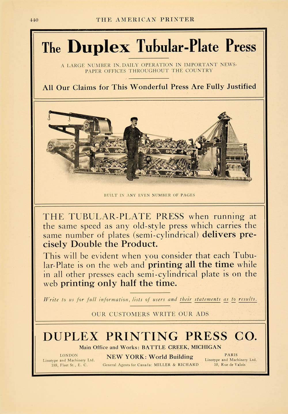 1913 Ad Duplex Tubular Plate Antique Printing Press - ORIGINAL ADVERTI ...