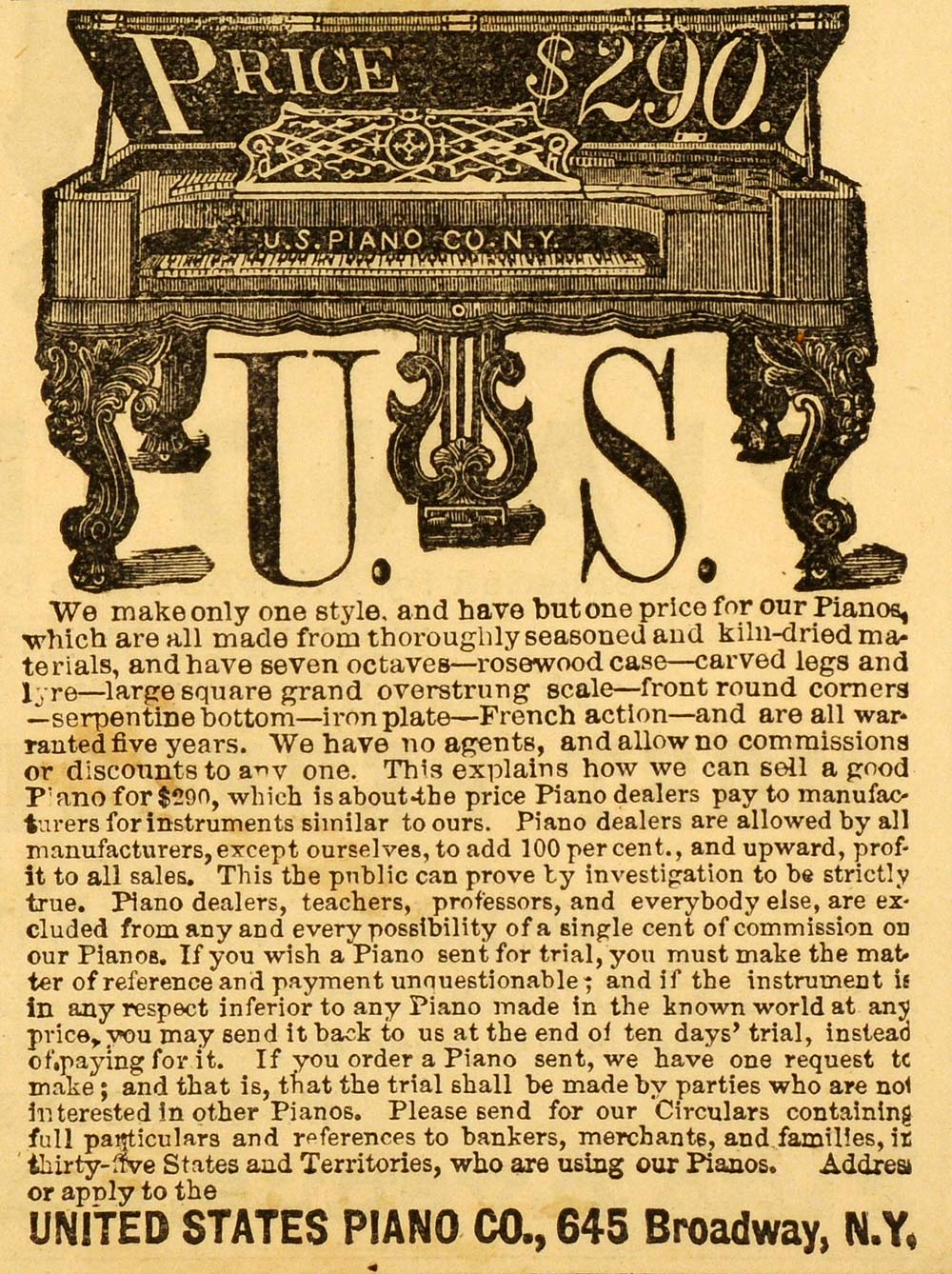 1871 Ad United States Piano 645 Broadway New York City Musical Instrum ...