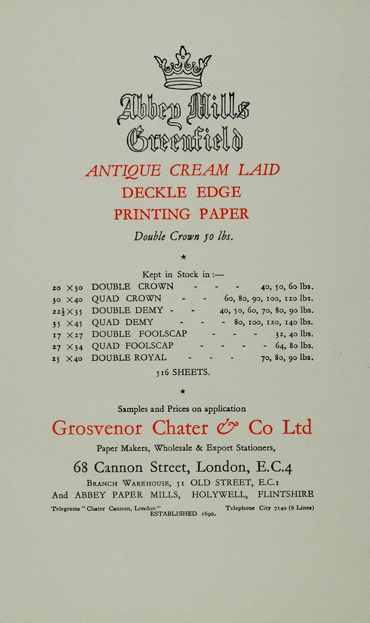 1926 Ad Grosvenor Chater Paper Abbey Mills Greenfield - ORIGINAL ADVER ...