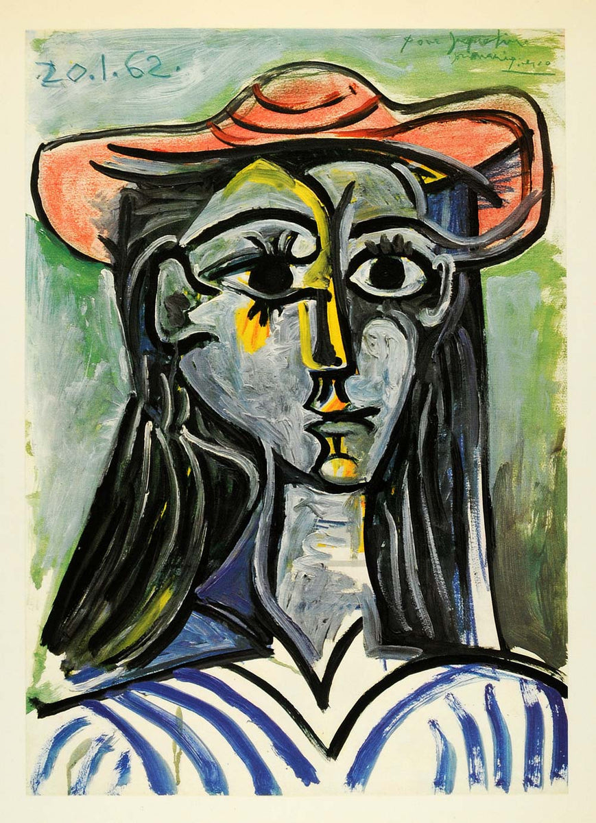 1964 Print Pablo Picasso Lady Portrait Pink Hat Stripes - ORIGINAL ...