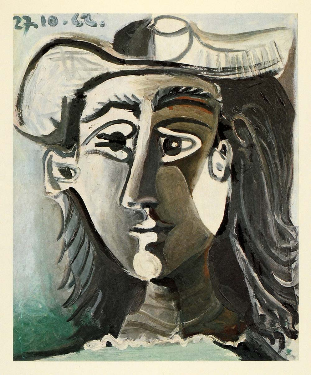 1964 Print Pablo Picasso Brown Gray Faced Lady Hat Eyes - ORIGINAL ...