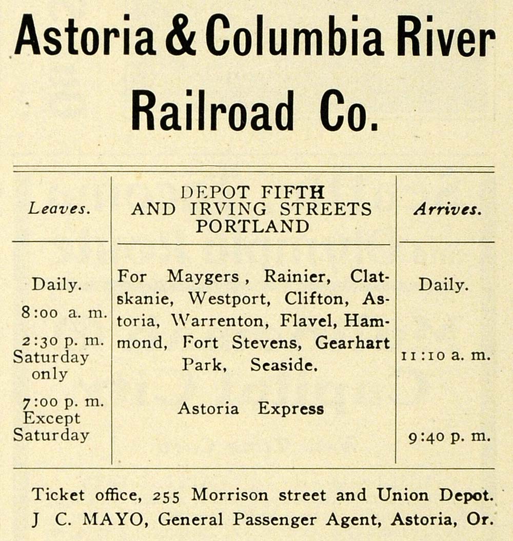 1903 Ad Astoria Columbia River Railroad Itinerary Mayo - ORIGINAL PM2 ...