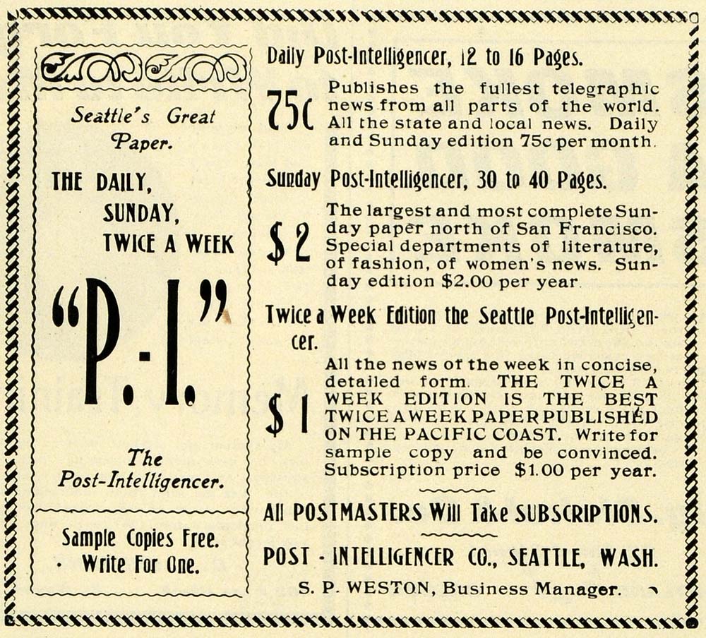 1903 Ad Seattle Post Intelligencer Newspaper Weston - ORIGINAL ADVERTI ...