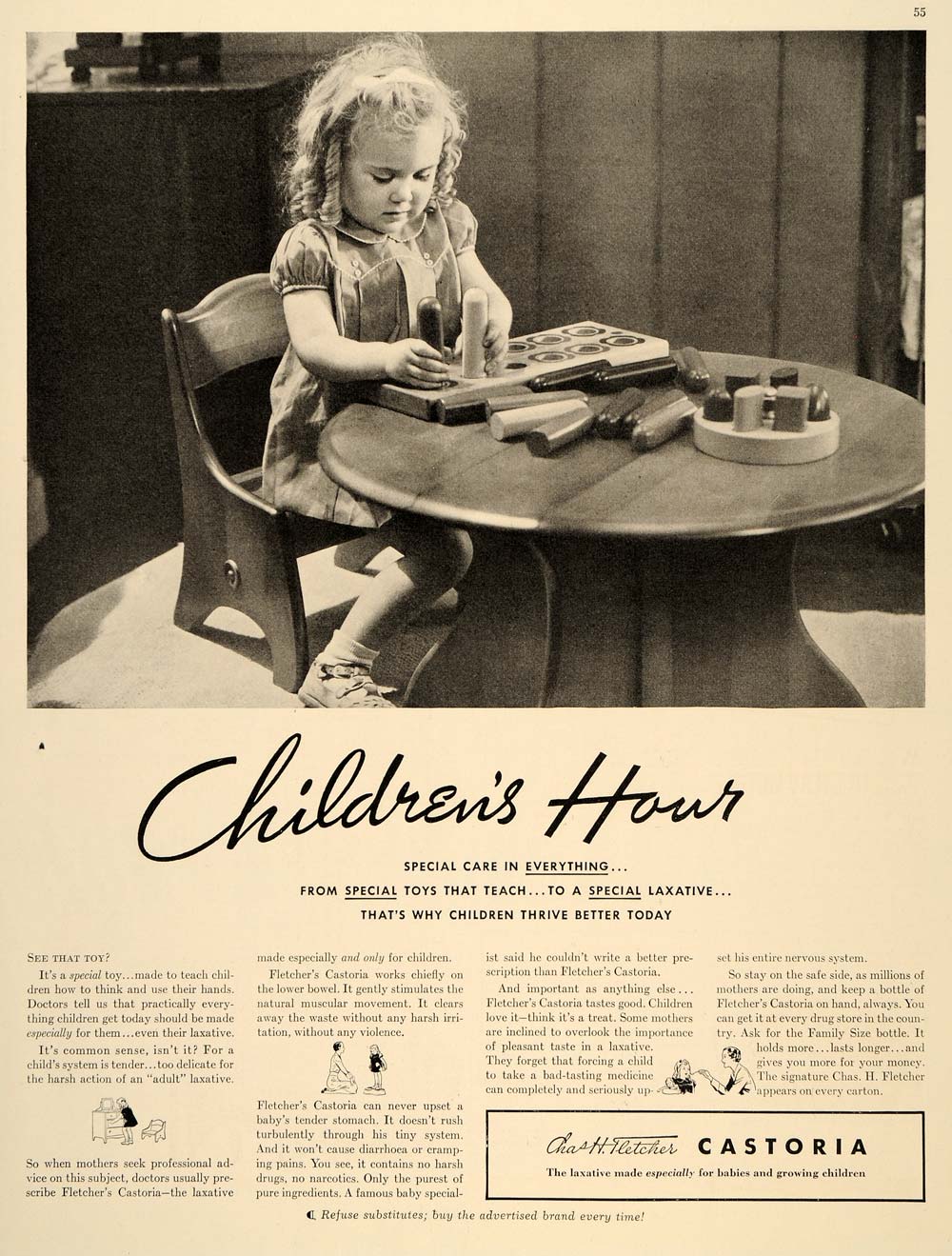 1937 Ad Fletcher's Castoria Children Laxative Castor Oil Drug Mild Chi ...