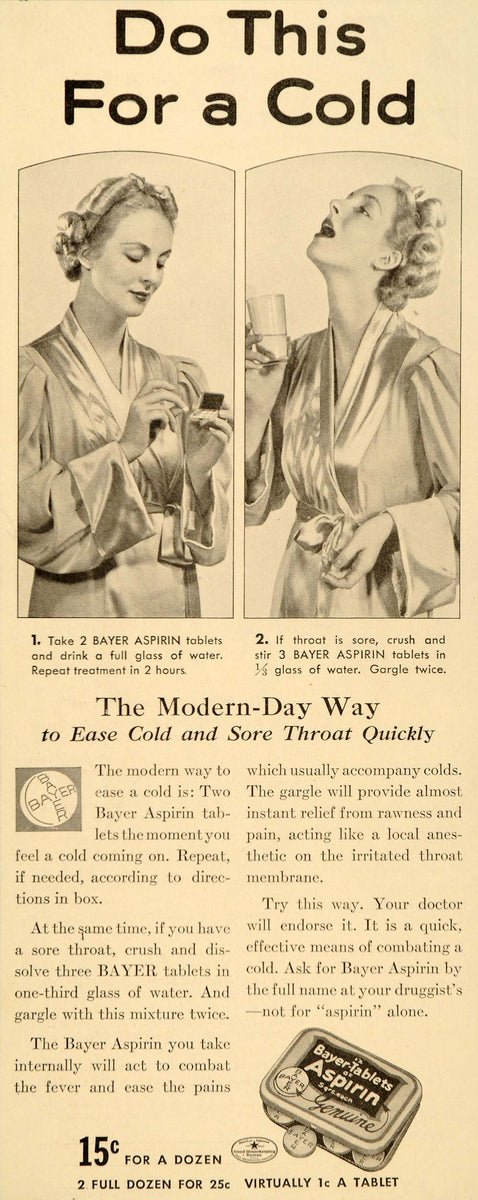 1937 Ad Bayer Aspirin Container Cold Sore Throat Relief - ORIGINAL PR2 ...
