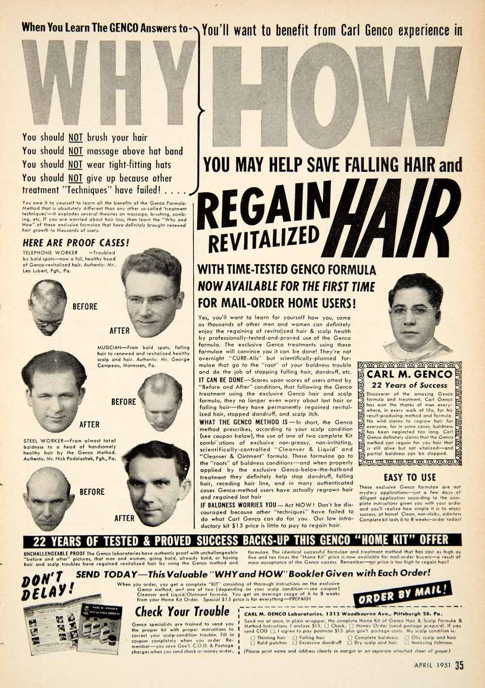 1951 Ad Hair Loss Carl Genco George Campeau Nick Podolachek Formula PS ...