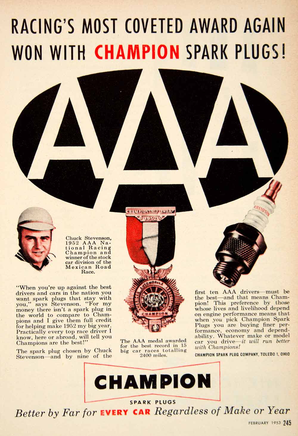 1953 Ad Champion Spark Plugs Chuck Stevenson AAA Nation Racing Medal P ...