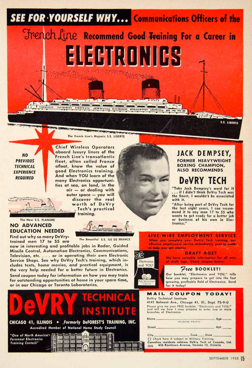 1958 Ad DeVry Technical Institute 4141 Belmont Ave Chicago IL SS Liber ...