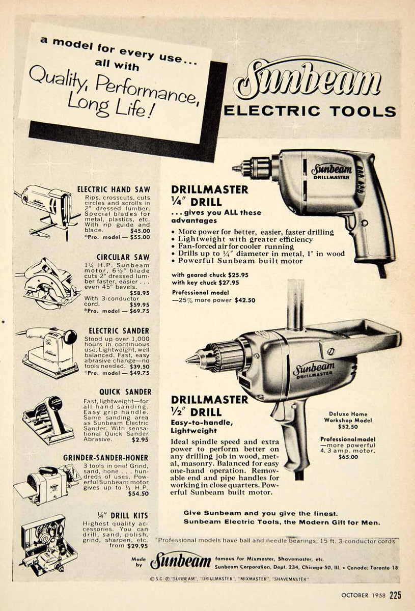 1958 Ad Sunbeam Drillmaster Electric Power Tool Hand Saw Sander Grinde ...