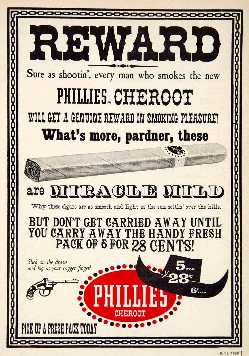 1959 Ad Phillies Cheroot Cigars Tobacco Smoking Wanted Poster Cowboy P ...