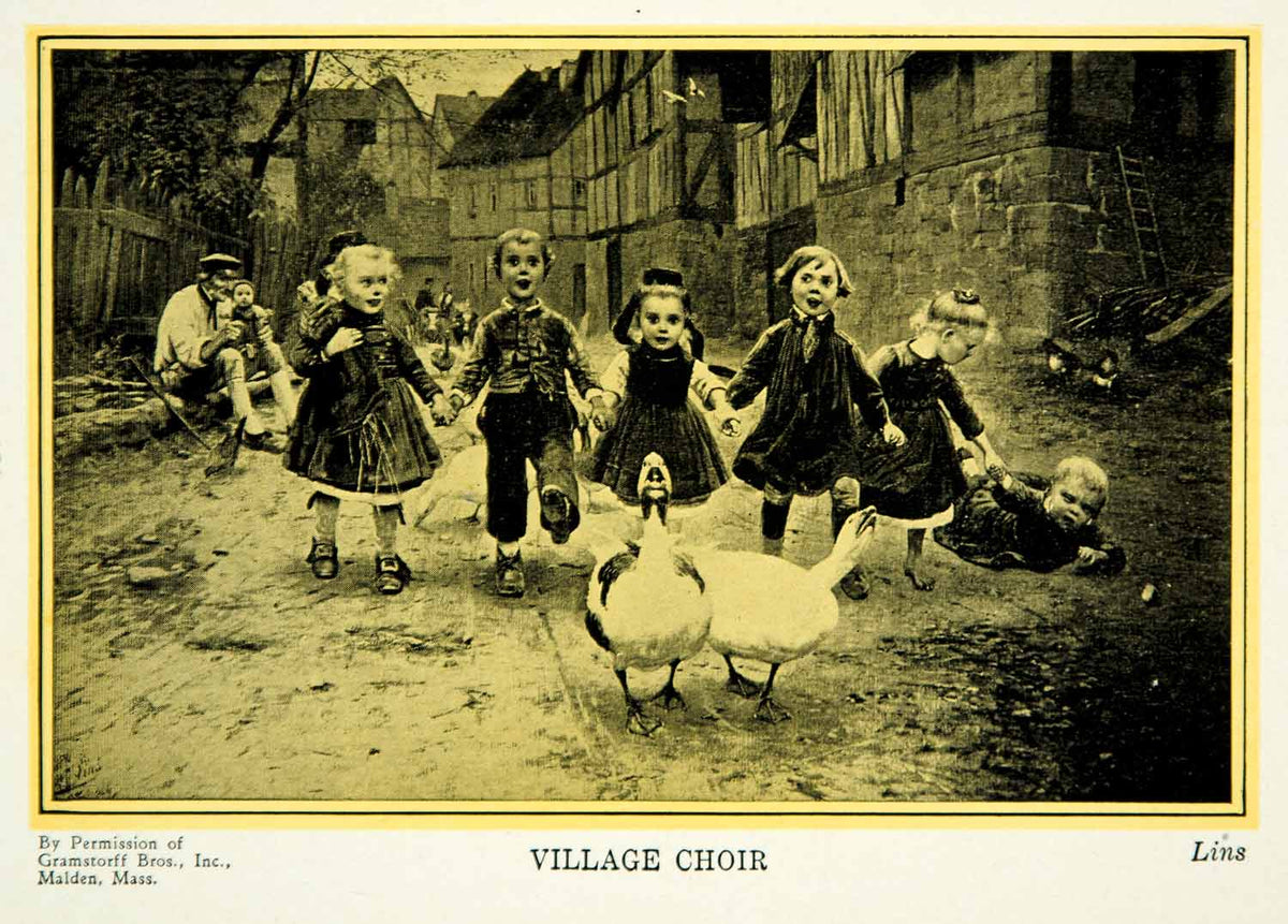 1927 Print Adolf Lins Art Village Choir Portrait Children Ducks Birds ...