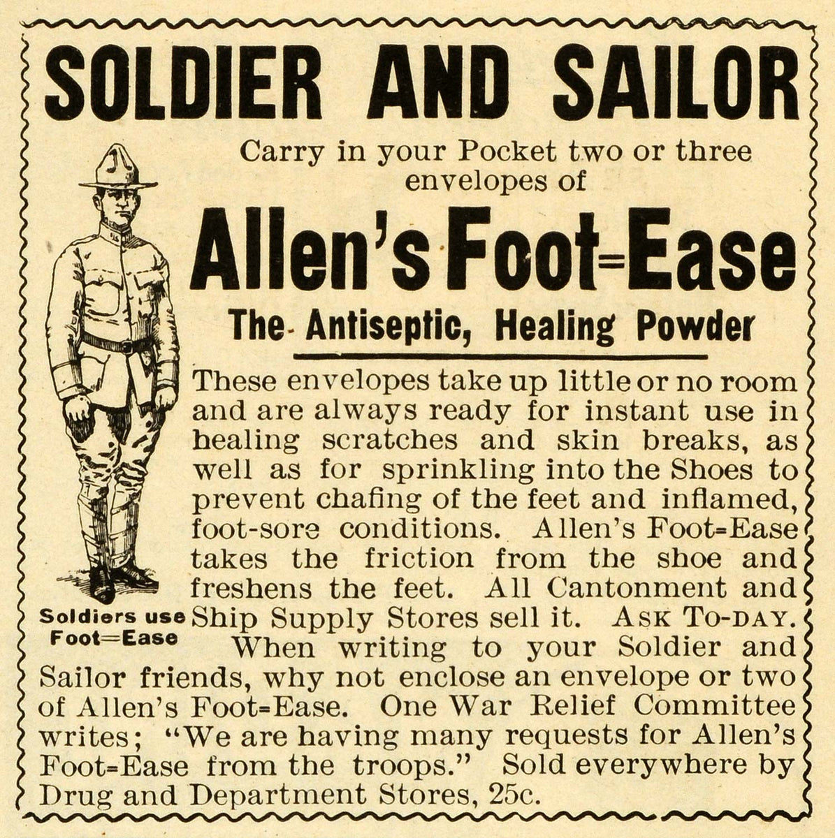 1918 Ad Soldier Sailor Allens Foot Ease World War I Healing Powder RCM ...