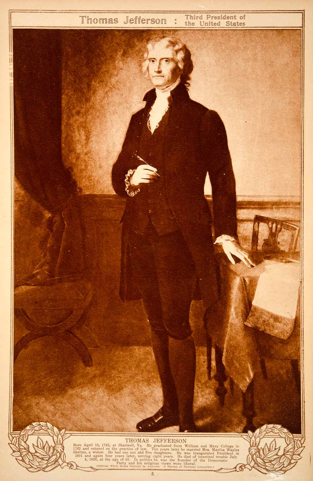 1923 Rotogravure Thomas Jefferson President Portrait Eliphalet Frazer ...