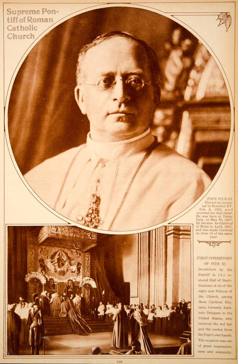 1923 Rotogravure Pope Pius XI Portrait Pontiff Roman Catholic Church I ...