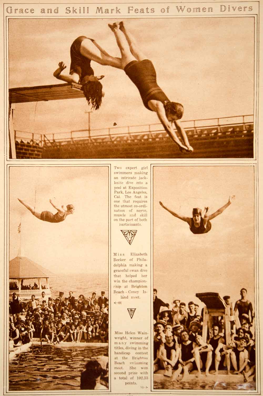 1923 Rotogravure Women Divers Elizabeth Becker Helen Wainwright Swan D ...