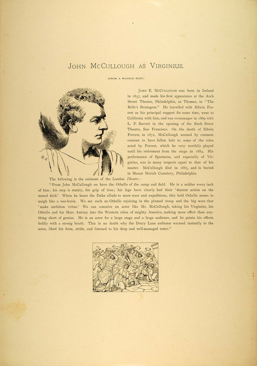 1887 Photogravure John Edward McCullough Actor Virginius Marble Bust S ...