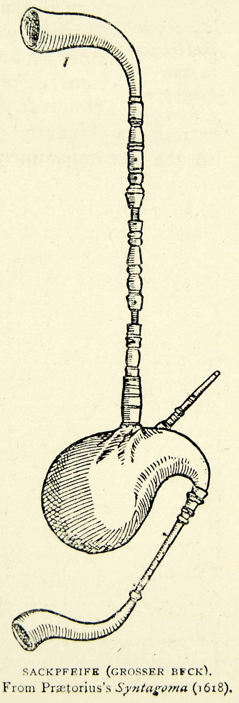 1911 Wood Engraving Schaferpfeife Sackpfeife German Bagpipe Pipe Instr ...