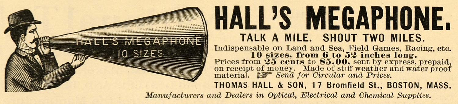 1898 Ad Thomas Hall & Son Megaphone Electrical Supplies - ORIGINAL SCA ...