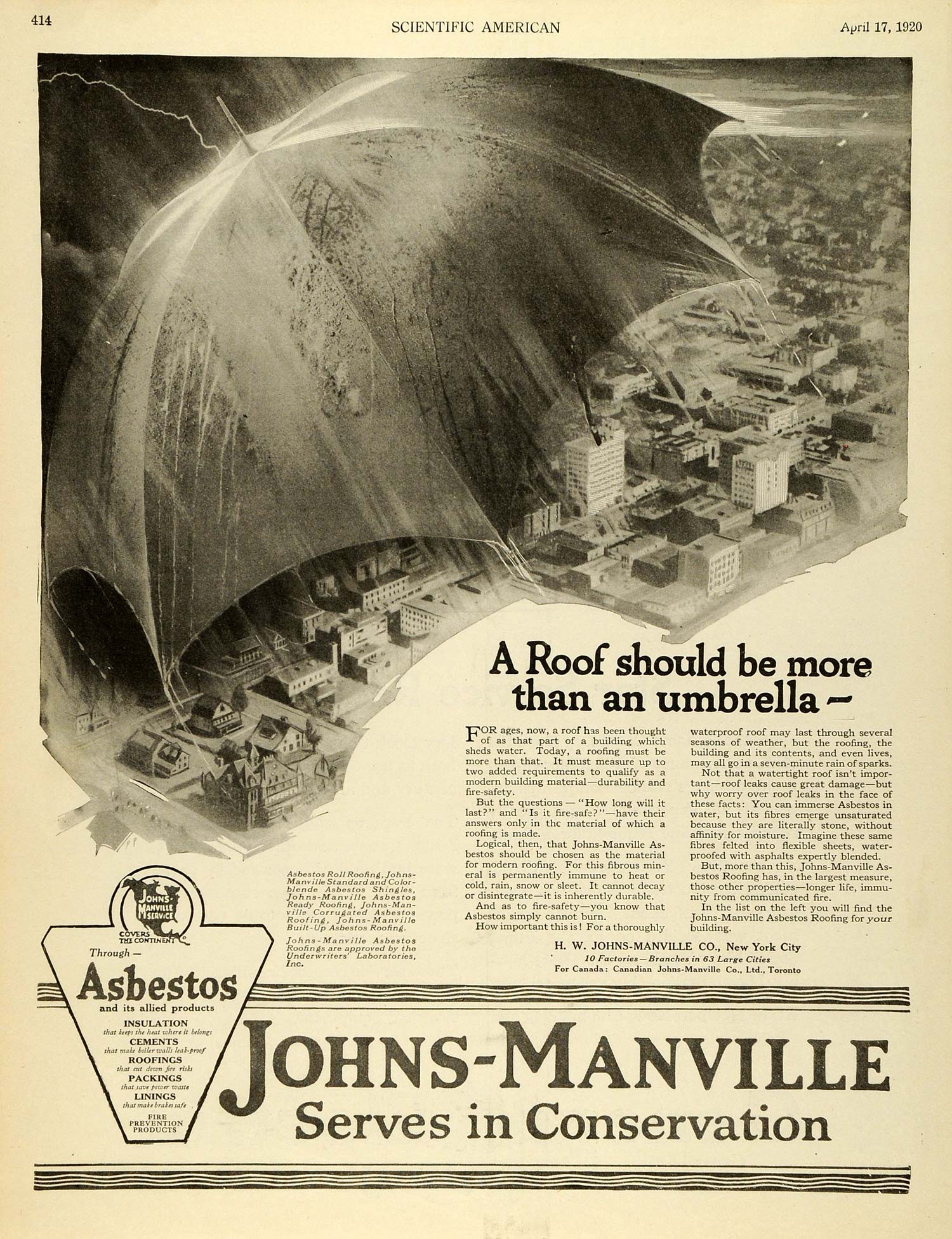 1920 Ad Johns-Manville Asbestos Insulation Roofing Aerial View City SC ...
