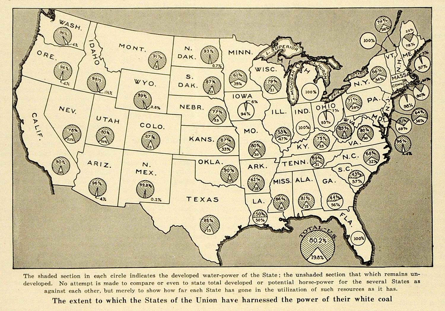 1920 Print United States Map Union Water Power White Coal States US Vi ...
