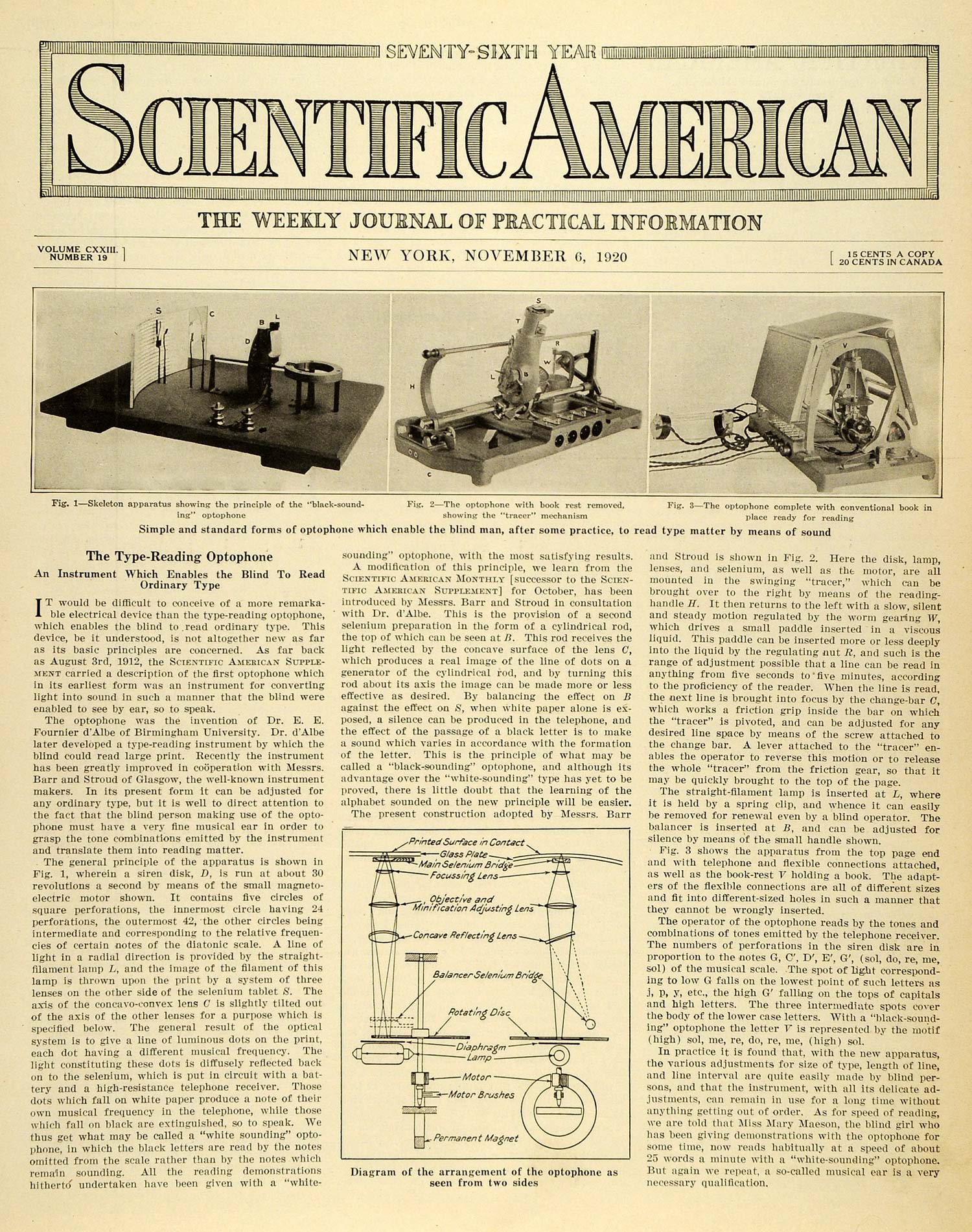 1920 Article Optophone Skeleton Device Blind Reading Optacon E Fournie ...