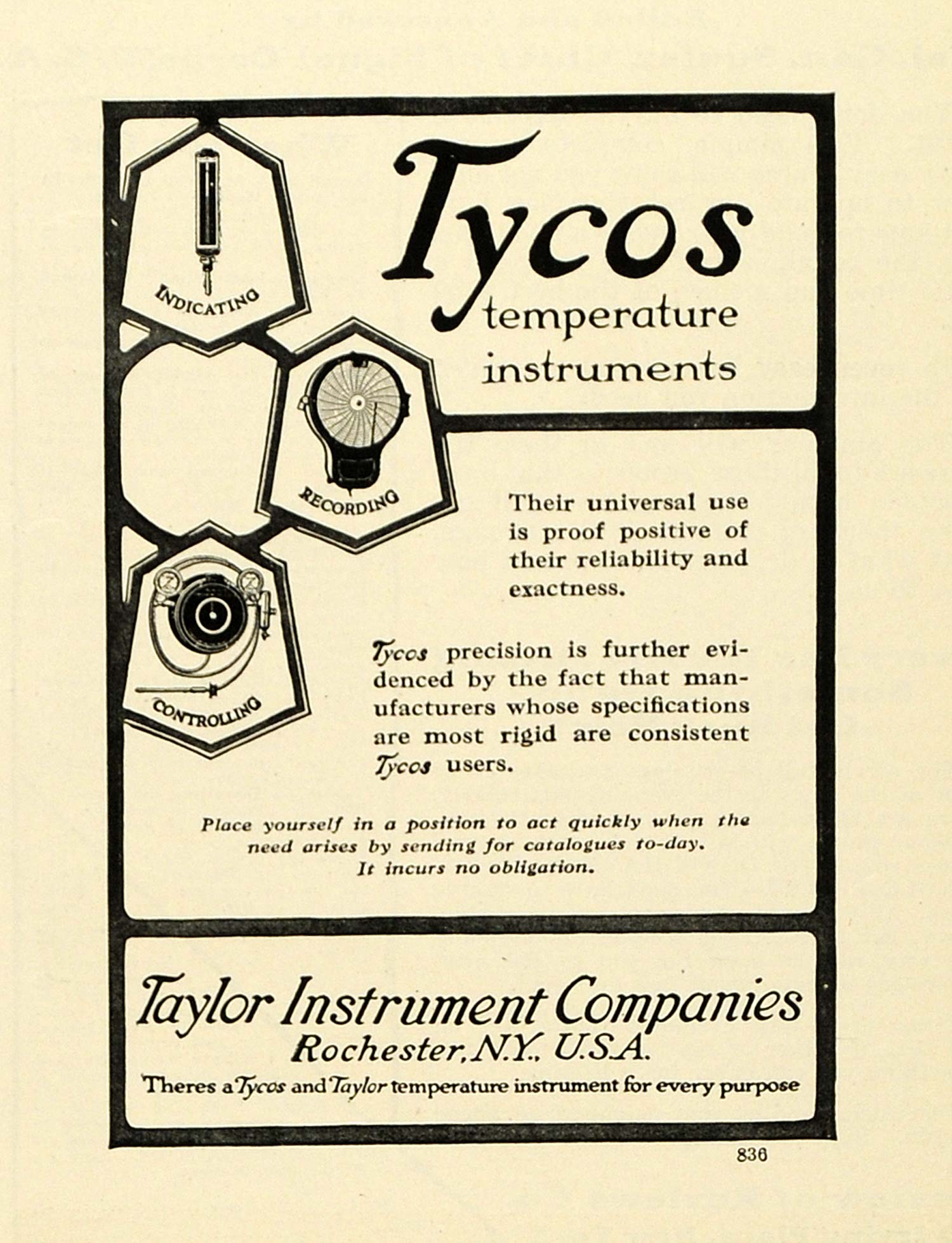 1922 Ad Tycos Taylor Instrument Rochester Temperature Company Heat SCA ...