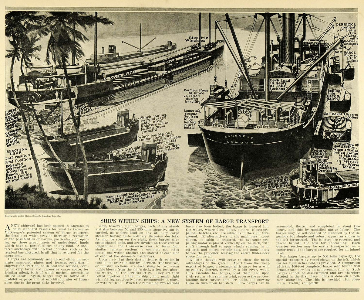 1922 Article Ship Barge Transport Motor Conquest London Diesel Engine ...