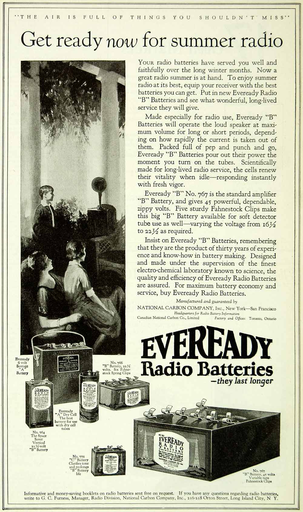 1924 Ad Eveready Radio B Batteries Canadian National Carbon Model 767 ...