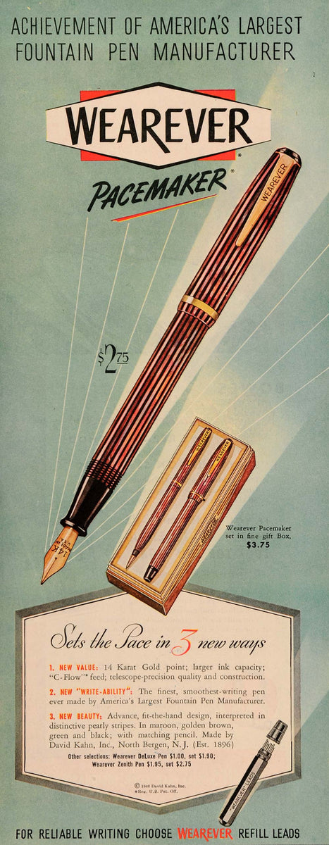 1946 Ad Wearever Pacemaker Fountain Pen Lead David Kahn - ORIGINAL SEP ...