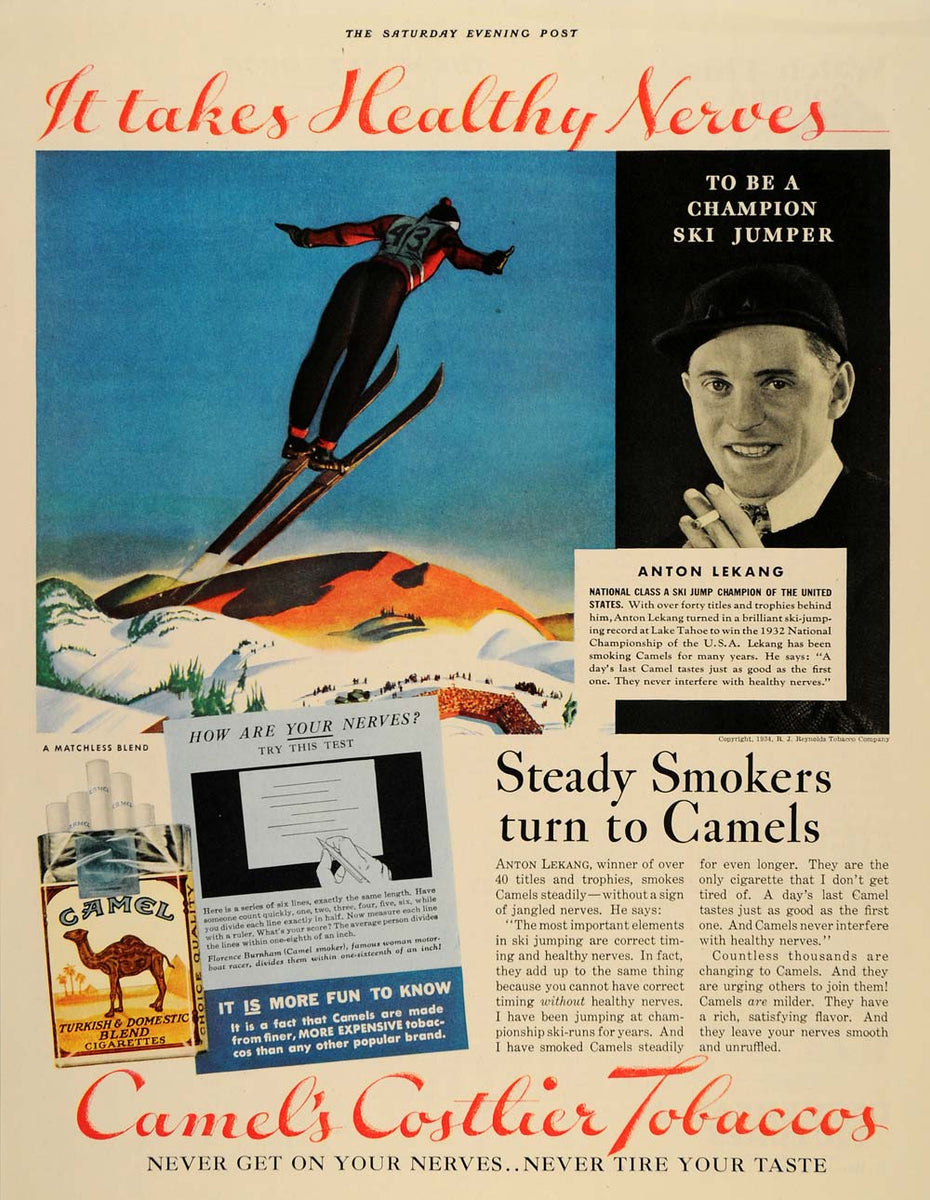 1934 Ad Tobacco Cigarettes Camels Ski Jumper Lekang - ORIGINAL ADVERTI ...