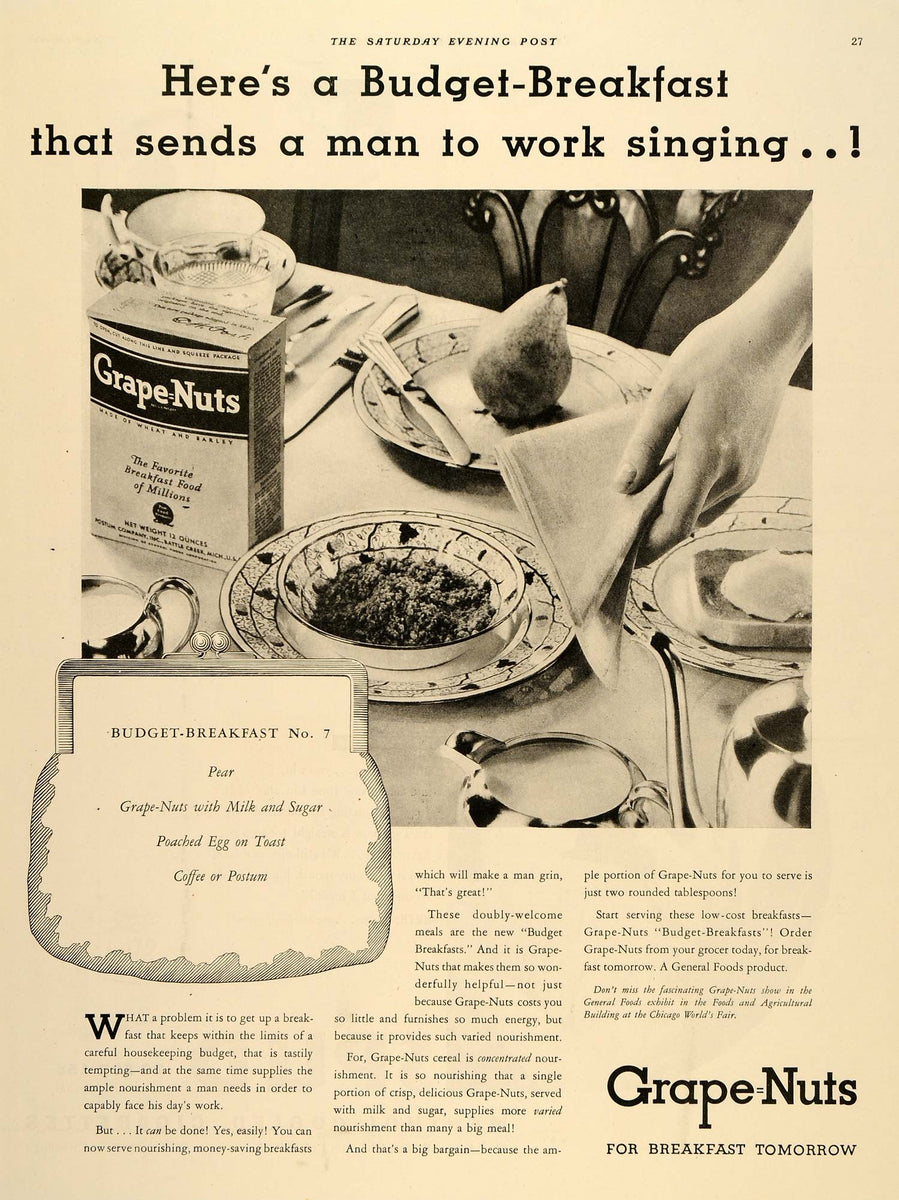 1933 Ad Grape Nuts Breakfast Cereal Great Depression - ORIGINAL ADVERT ...