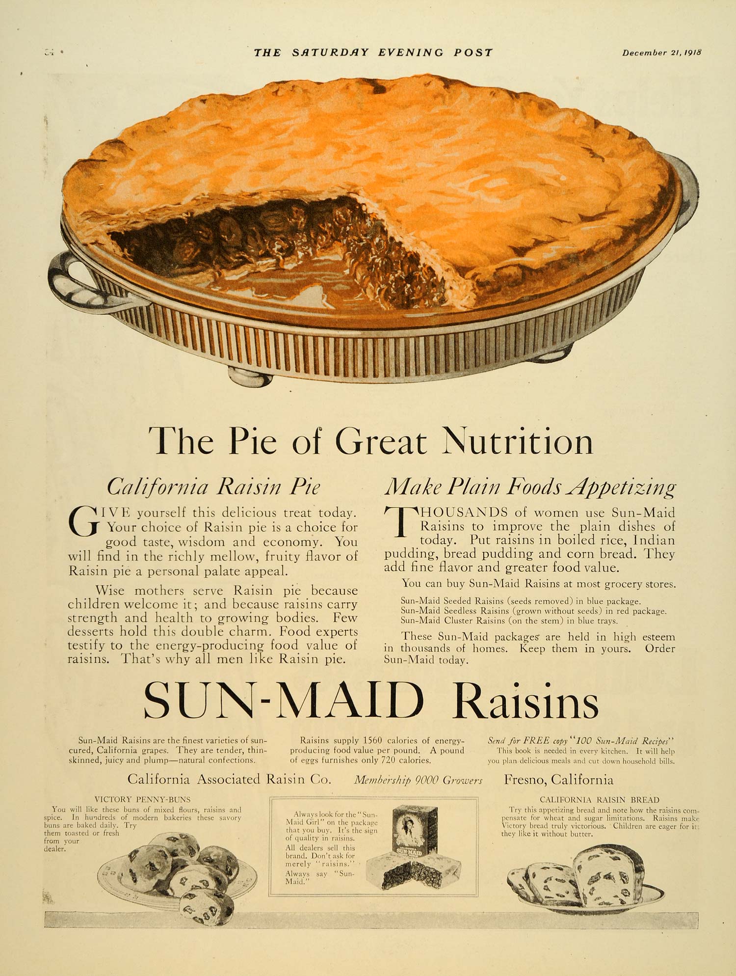 1918 Ad California Victory Raisin Bread Sun-Maid Girl - ORIGINAL SEP4 – Period Paper Historic ...
