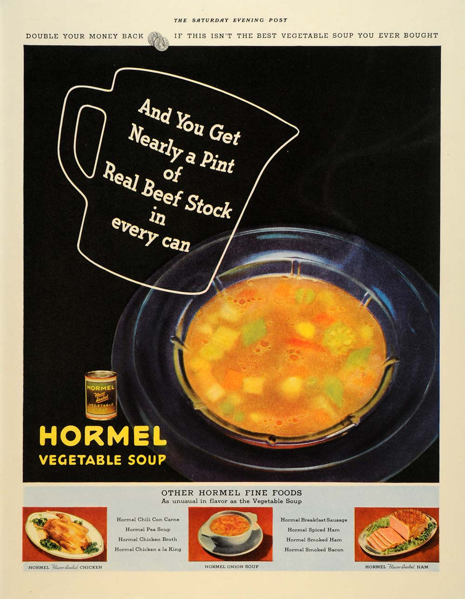 1934 Ad Hormel Vegetable Soup Chili Bowl Beef Stock - ORIGINAL ADVERTI ...