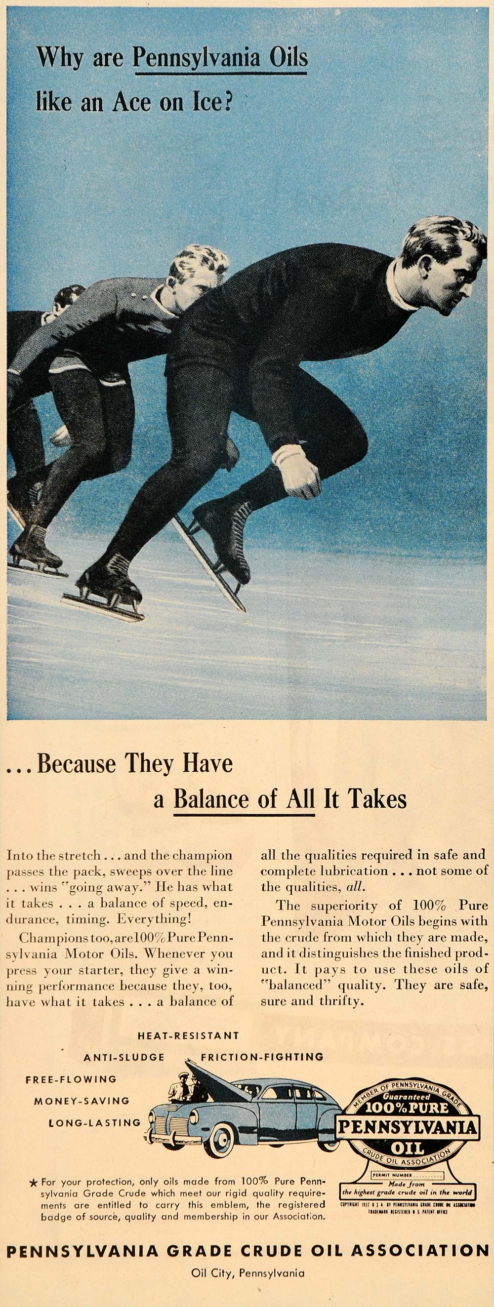 1946 Ad Pennsylvania Crude Motor Oil Ace Ice Skating - ORIGINAL ADVERT ...