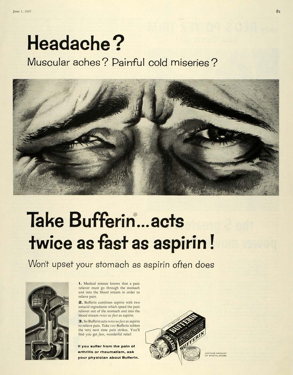 1957 Ad Bufferin Antacid Analgesic Bristol-Myers Pain Relief Muscular ...